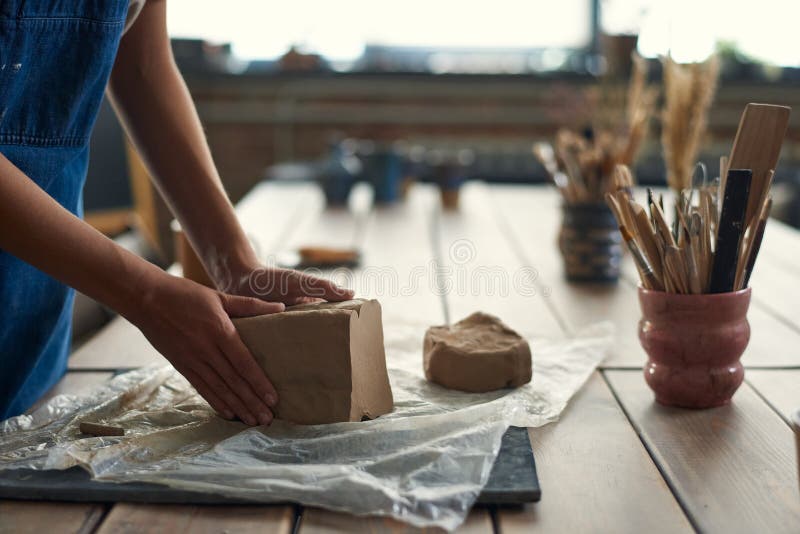 Hands of Craftswoman Holding Large Piece of Clay during Work Stock ...