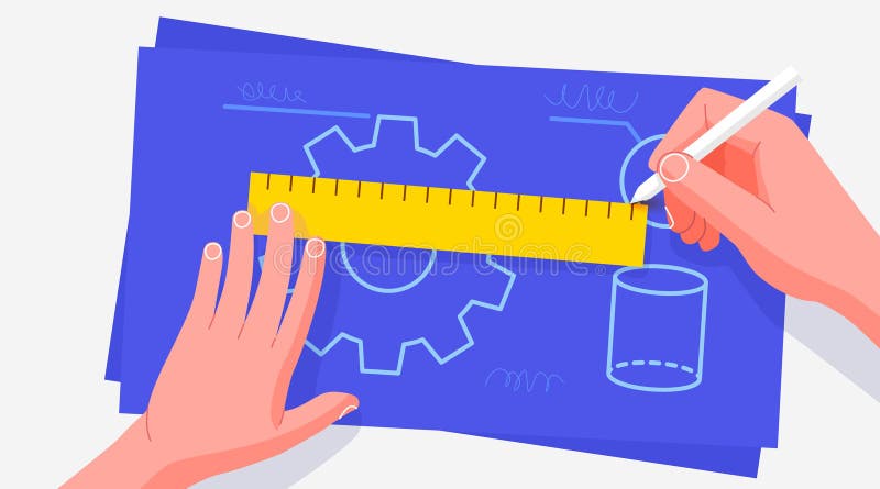 Hands Create a Blueprint with a Pencil. Engineer Concept Stock Vector ...