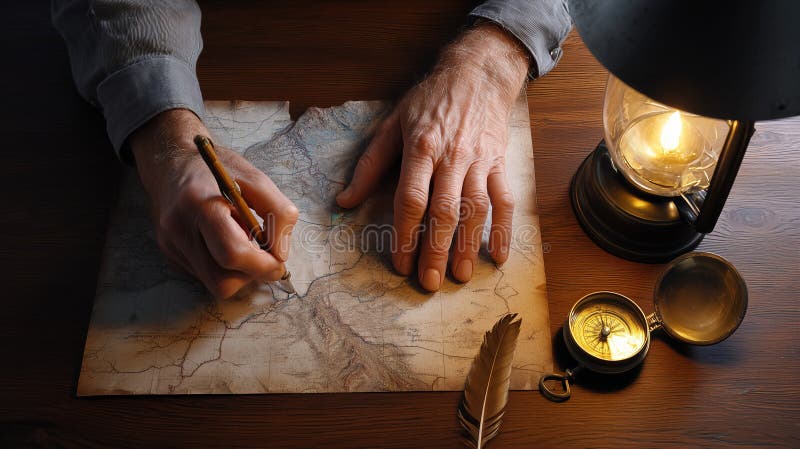 Aged Parchment Map Rustic Wooden Table Stock Photos - Free & Royalty ...
