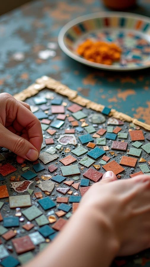 Hands Creating Colorful Mosaic Art with Ceramic Tiles Stock ...