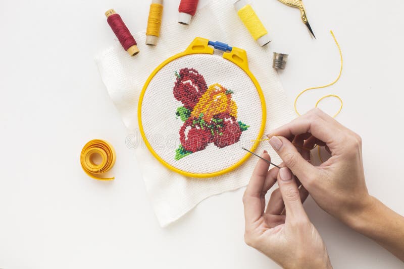 Hands Creating Design with Needle Sewing Thread. High Quality Photo ...