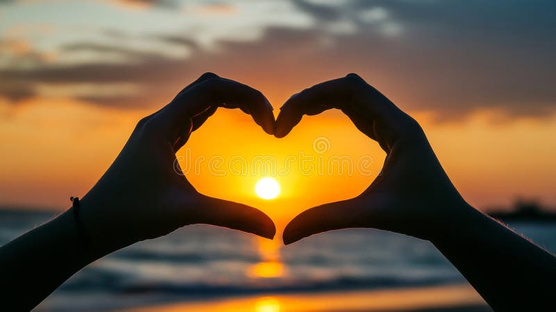 Hands Creating a Heart Shape Against a Beautiful Sunset, Representing ...