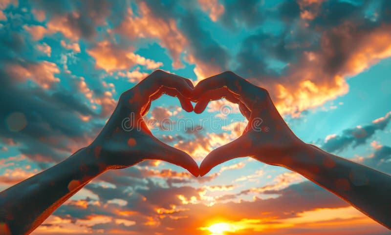 Hands Forming a Heart Shape Against a Vibrant Sunset Sky Filled with ...