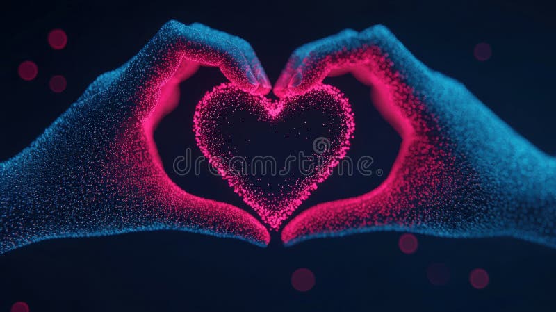 Hands Creating Heart Shape with Glowing Particles in Dark Background ...