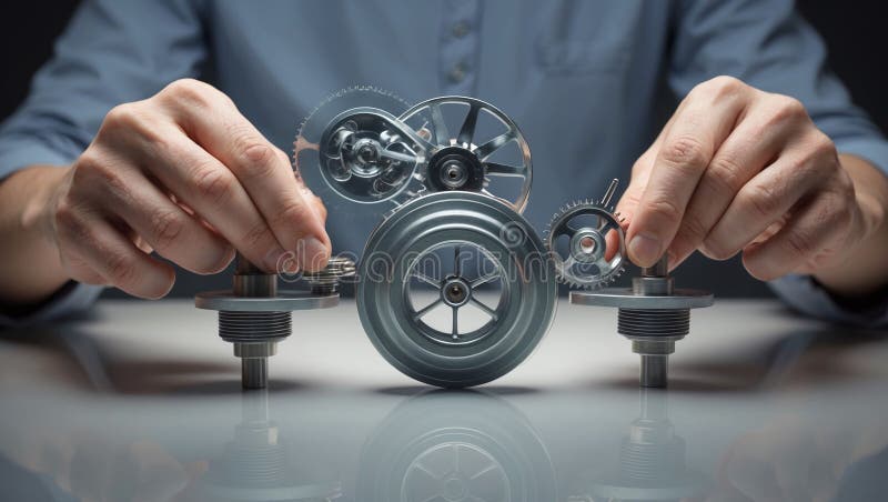 Hands Creating a New Invention Overlaying Mechanical Parts in Double ...