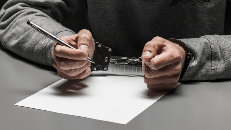 Hands of the Criminal in Handcuffs Write a Handle on Paper. Sincere ...