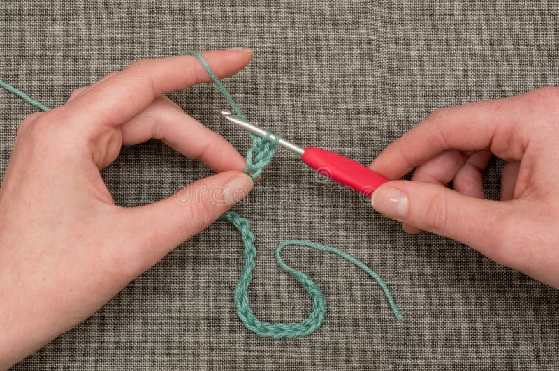 Hands Crocheting Green Wool with Knitting Hook Stock Image - Image of ...