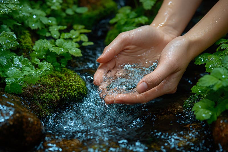 Hands Cupping Fresh Water from a Natural Stream Surrounded by Greenery ...