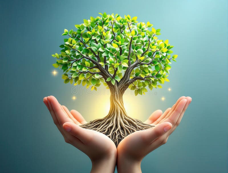 Hands Cupping a Glowing Tree Symbolizing Growth and Sustainability ...