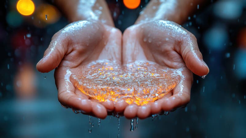 Hands Cupping Glowing Water in the Rain at Night Stock Photo - Image of ...