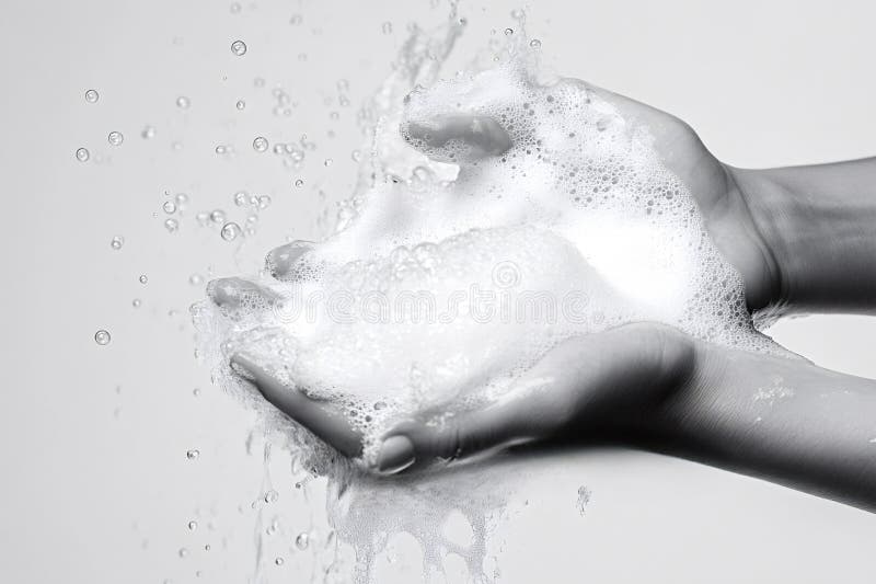 Hands Cupping Soap Suds with Water Splashing in Monochrome Stock Photo ...