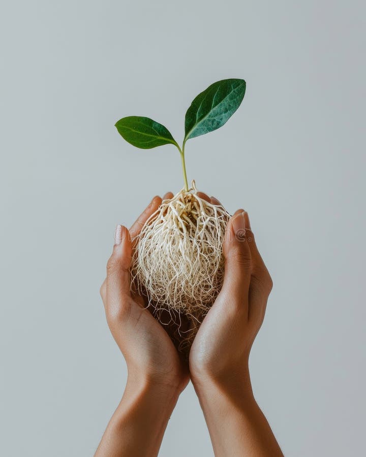 Hands Cupping a Tender Seedling with Visible Roots, Embodying Care ...