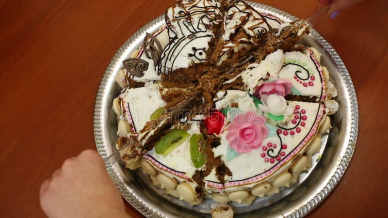 Hands Cut Beautiful Cake by Ruler on Table during Stock Footage - Video ...