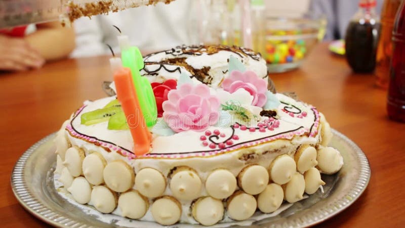 Hands Cut Birthday Cake by Ruler on Table during Stock Footage - Video ...
