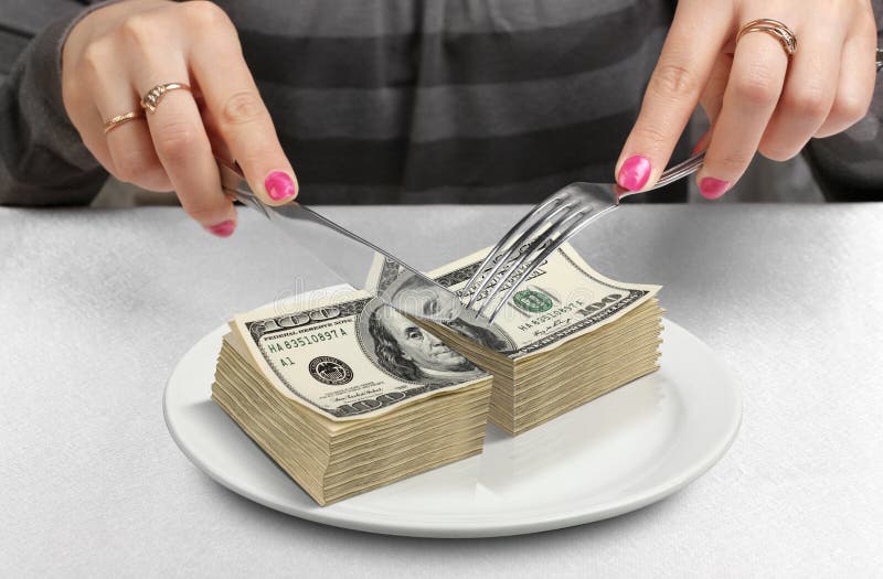 Hands Cut Money on Plate, Cut Budget Concept Stock Photo - Image of ...