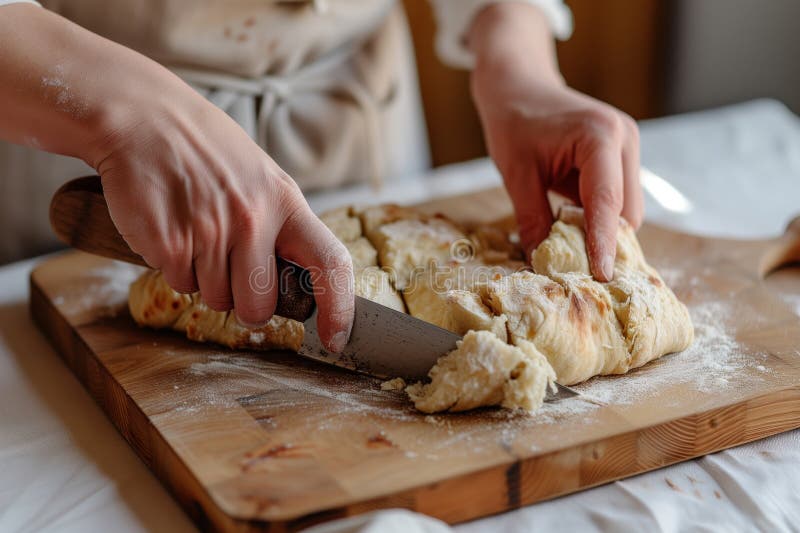 Hands Cutting through Dough with a Sharp Knife on a Cutting Board Stock ...