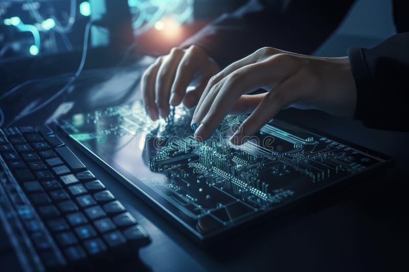 Hands on Cyber Device in a Dark Room with Blue Lights and Graphs ...