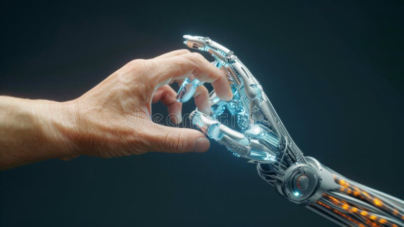 Hands of Cyber Robot and Human Touching on Big Data Network Connection ...