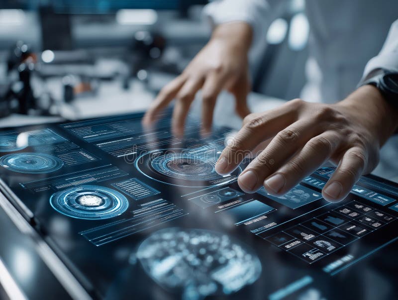 Hands of a Cyber Security Worker Working on a Virtual Innovative ...