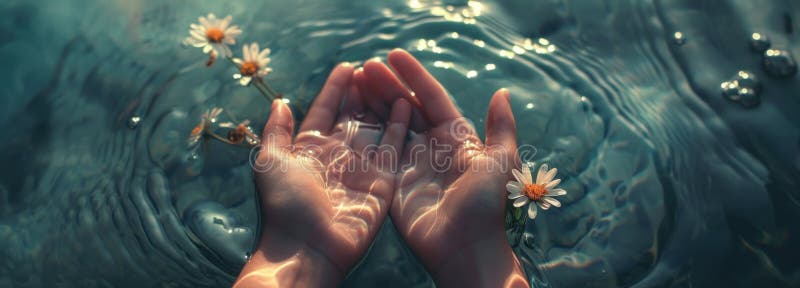 Hands with Daisies Floating in Water Stock Photo - Image of aquatic ...