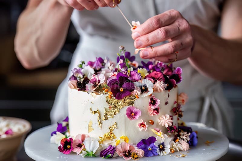 Hands Decorating a Cake with Vibrant Edible Flowers and Gold Leaf ...