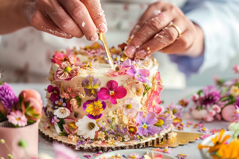 Hands Decorating a Cake with Vibrant Edible Flowers and Gold Leaf ...