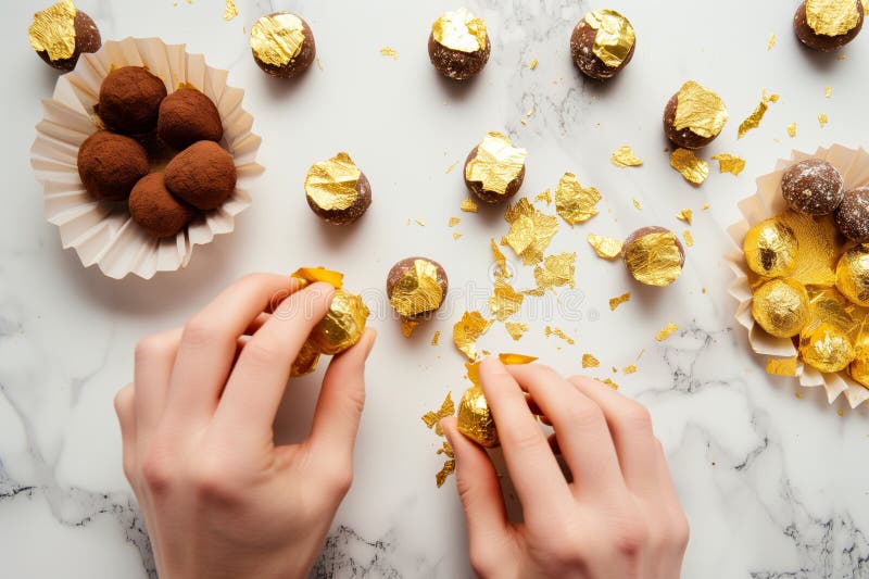 Hands Decorating Truffles with Gold Leaf Stock Image - Image of ...