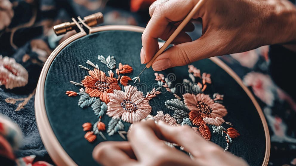 Photorealistic Image of a Person Embroidering a Floral Pattern on ...