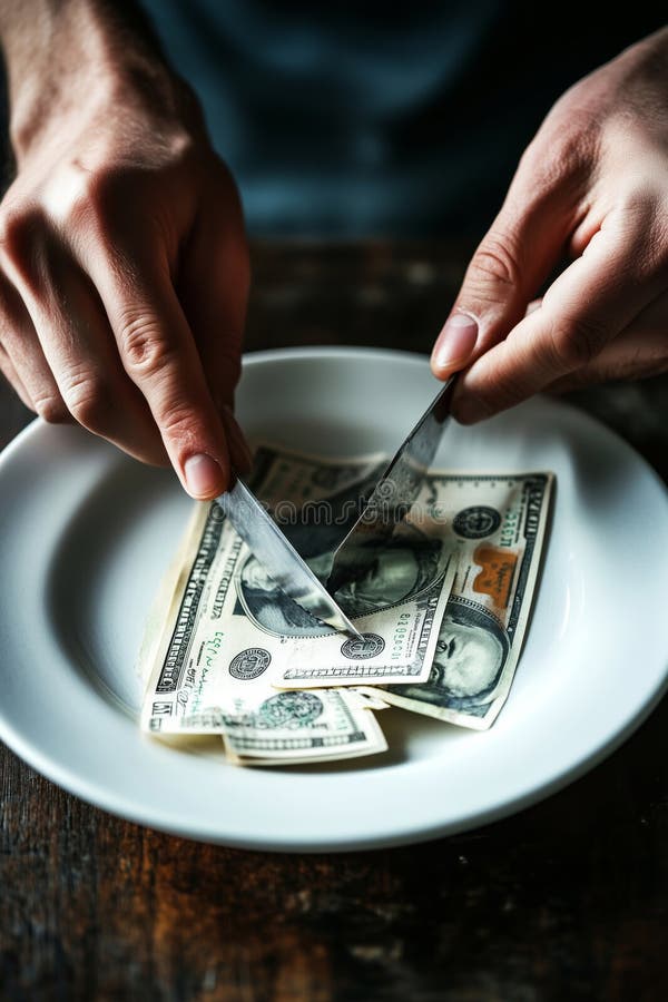 An Artistic Interpretation of Money on a Plate with Hands Slicing a ...