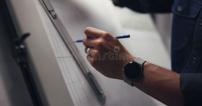 Hands, Designer and Drawing with Ruler, Board and Lines for Creativity ...