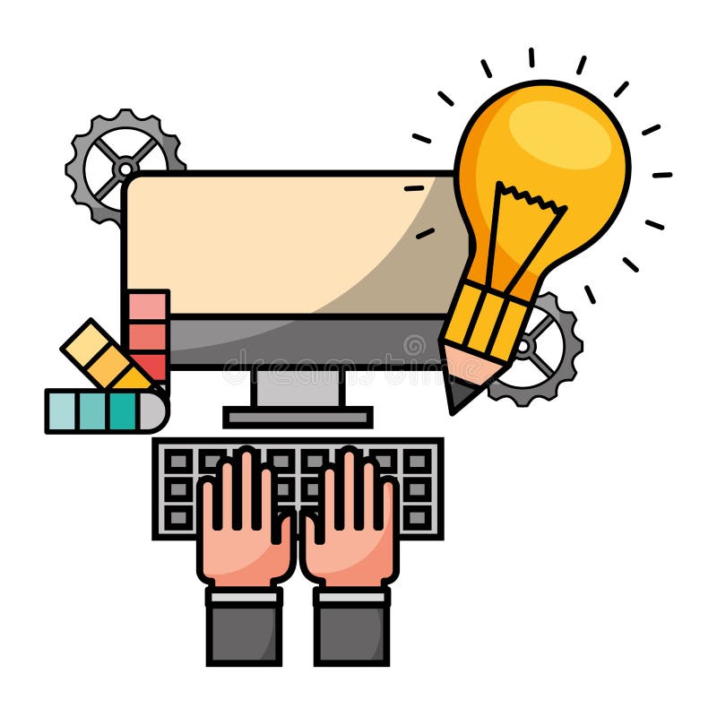 Hands with Desktop Computer and Icons Stock Vector - Illustration of ...