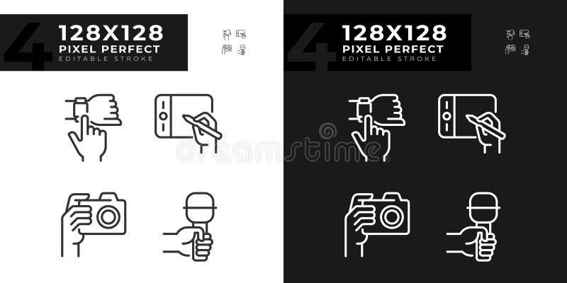Hands with Different Devices Pixel Perfect Linear Icons Set for Dark ...