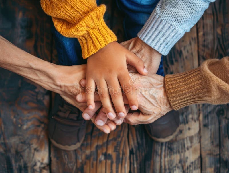 Family Members Placing Their Hands Together on a Wooden Surface during ...