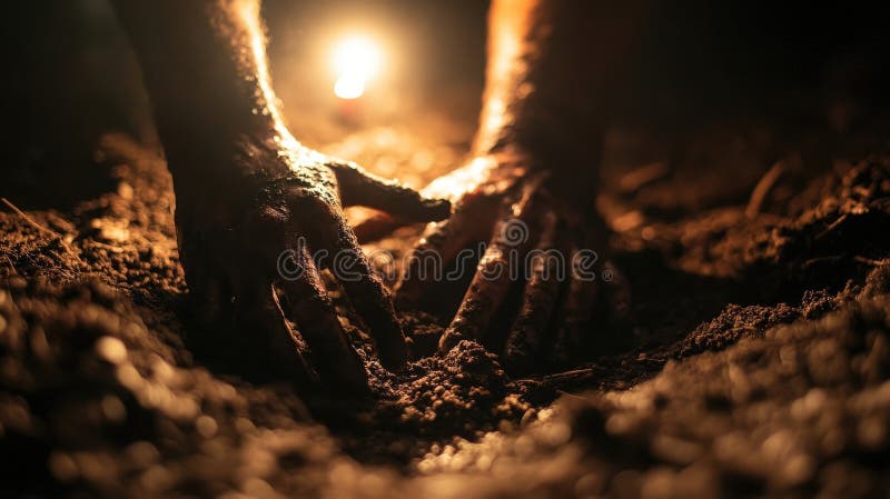 Hands Digging in the Soil Illuminated by Soft Light, Creating a Deep ...