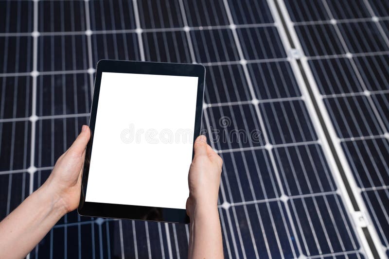 Hands with Digital Tablet on a Background of Solar Panels Stock Photo ...