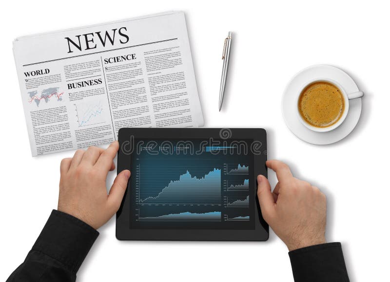 Hands with Digital Tablet and Newspaper Stock Photo - Image of coffee ...
