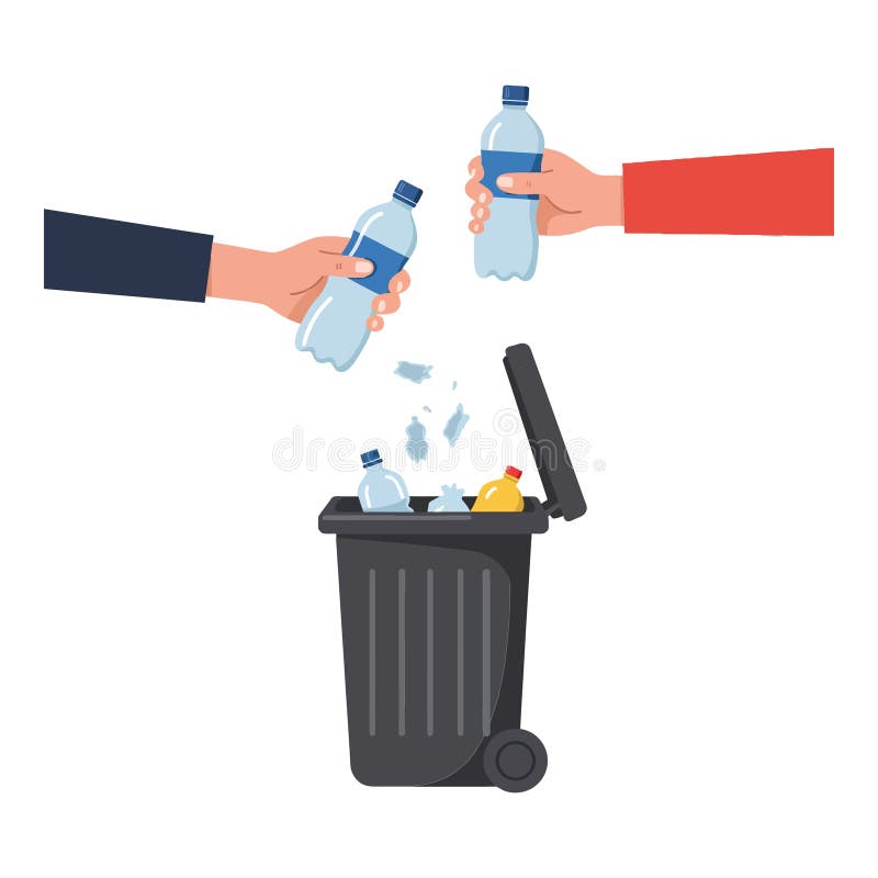 Hands Discarding Plastic Water Bottles into a Black Trash Bin in Flat ...