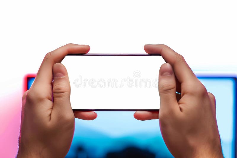 Hands Display Horizontal White Screen on Mobile Device Mockup Stock ...
