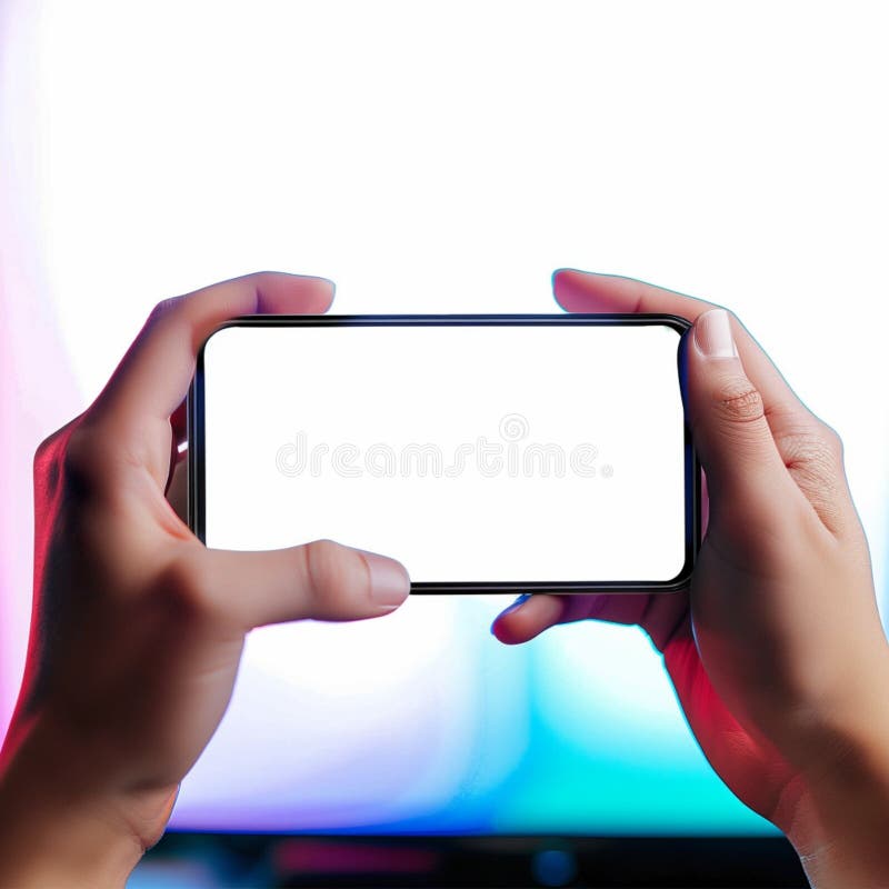 Hands Display Horizontal White Screen on Mobile Device Mockup Stock ...