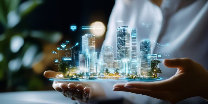 Hands Displaying Holographic City Model Featuring Modern Skyscrapers ...