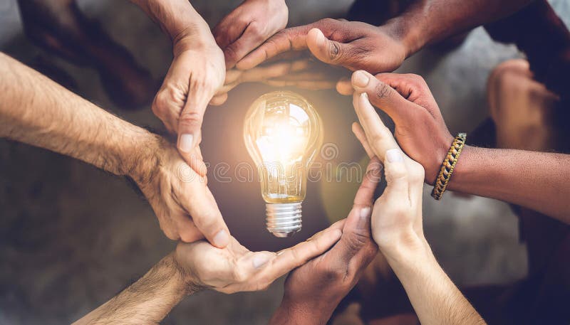 Hands of Diverse Individuals Encircle a Glowing Light Bulb, Symbolizing ...