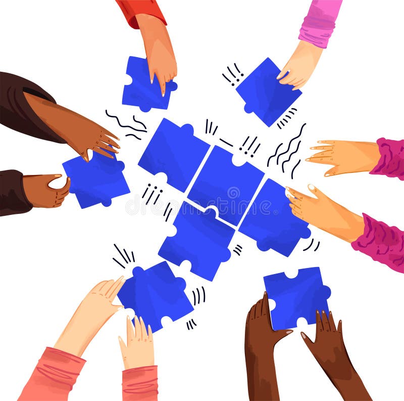 Hands of Diverse People with Puzzles Vector Illustration. Solving ...