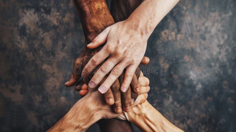 Hands of Diverse People Stacked Together. Unity and Teamwork Concept ...