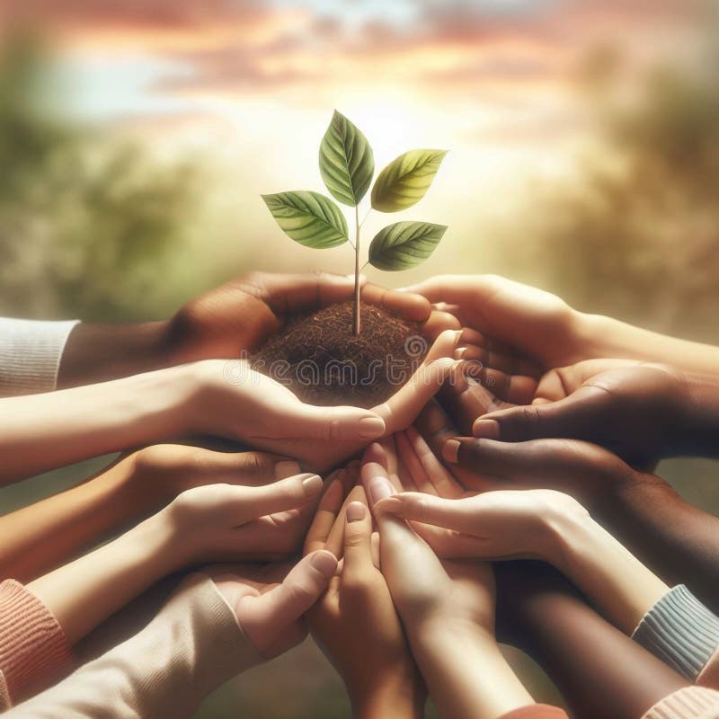 Hands of Diverse Skin Tones Holding a Sapling, Symbolizing Unity and ...