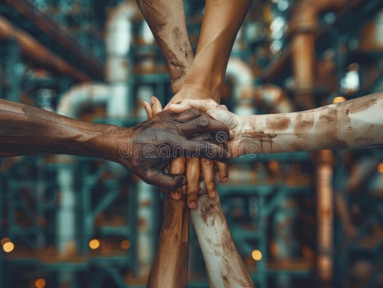 Hands of Diverse Workers Come Together in a Close-up, Representing ...