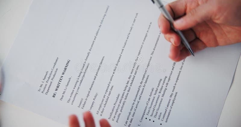 Hands, Document and Closeup with Warning at Office, HR and Review Info ...