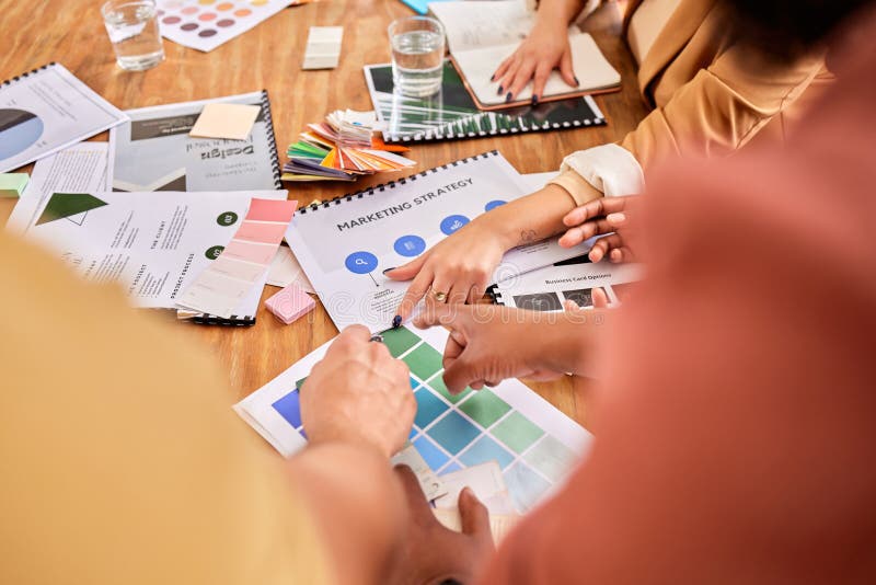 Hands, Documents and Marketing with a Designer Team Working on a ...