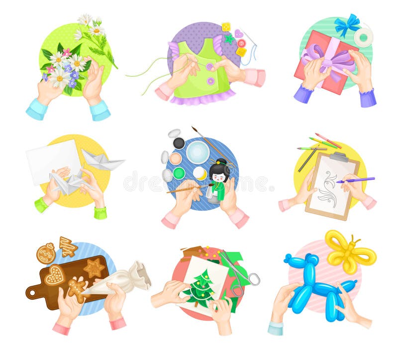 Hands Doing Handmade Crafts Paper Folding, Drawing and Balloon ...