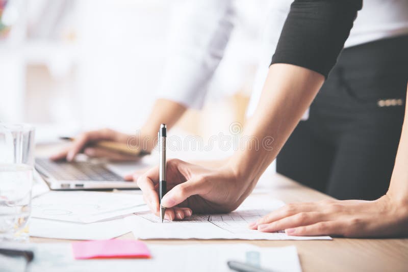 Hands Doing Paperwork and Using Laptop Stock Photo - Image of females ...