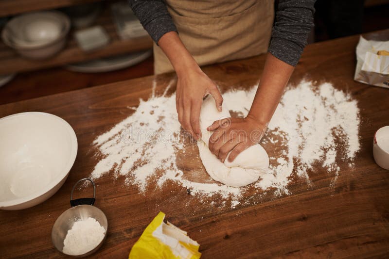 Hands, Dough and Flour on Table in Kitchen, Bakery for Bread or Pizza ...